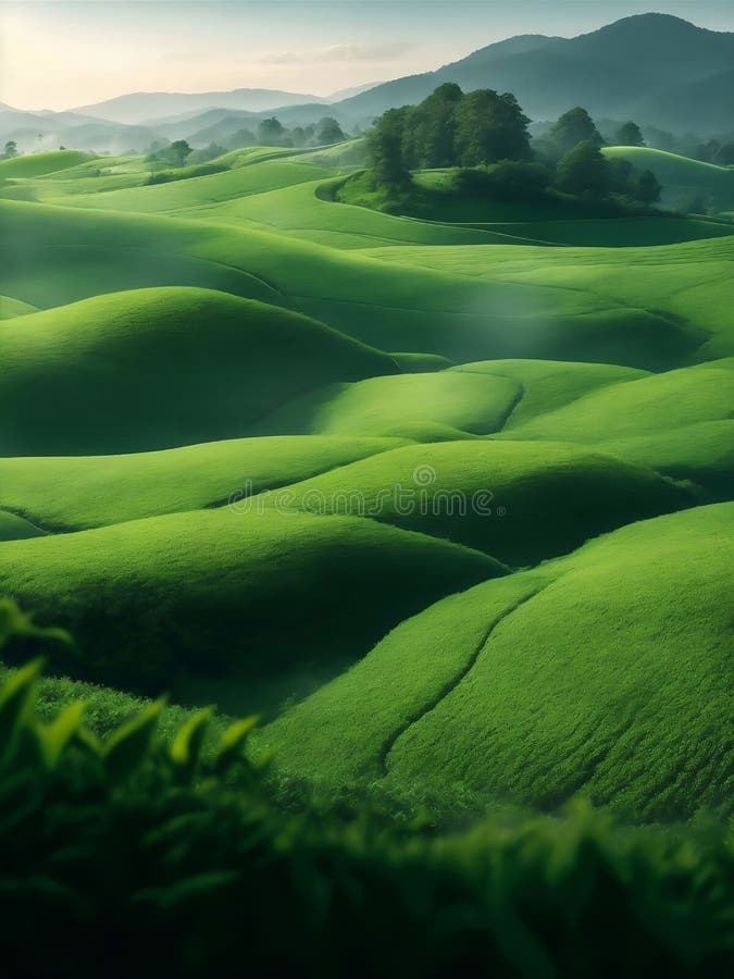 Green Tea Field on Mountain, Generative AI Illustration Stock ...