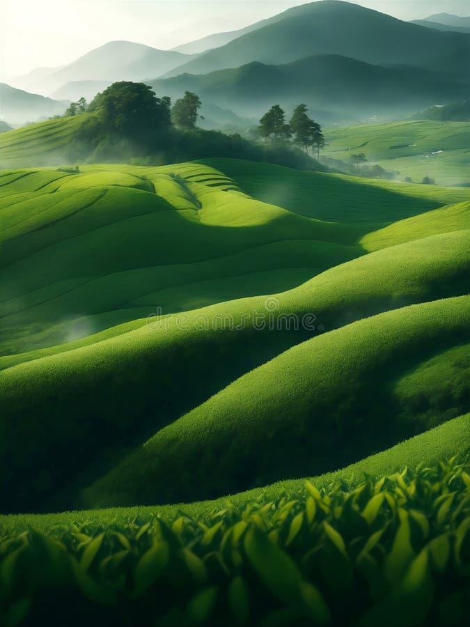 Green Tea Field on Mountain, Generative AI Illustration Stock ...