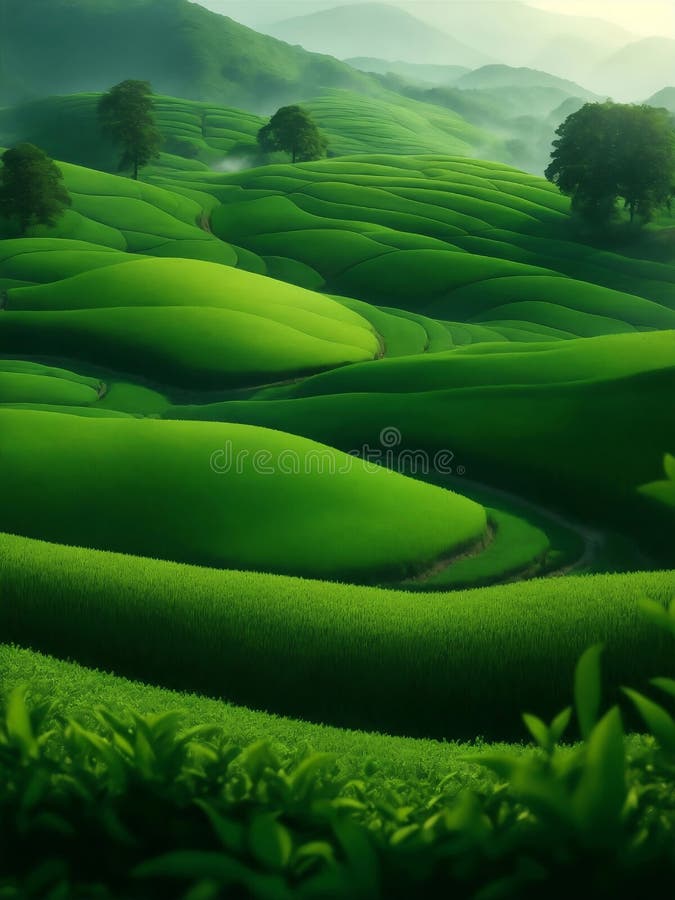 Green Tea Field on Mountain, Generative AI Illustration Stock ...