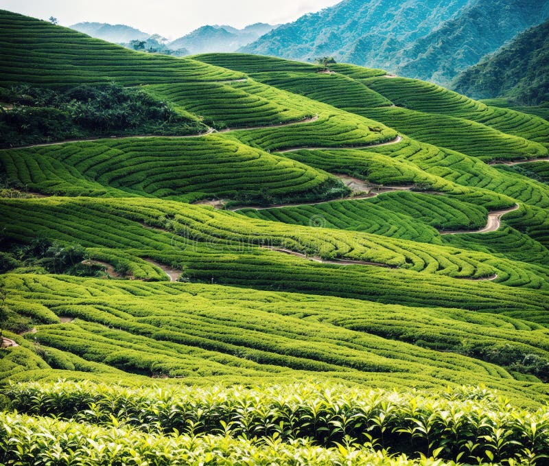A Green Tea Field with Rows of Tea Plants Growing in Neat Lines. Stock ...