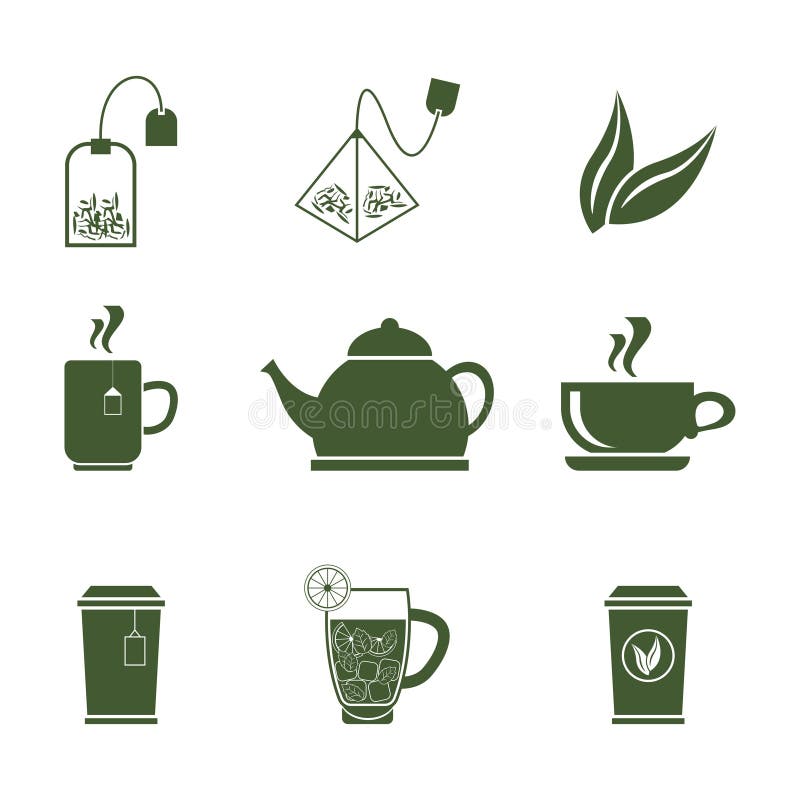 Green Tea Icons Set on White Background. Stock Vector - Illustration of ...