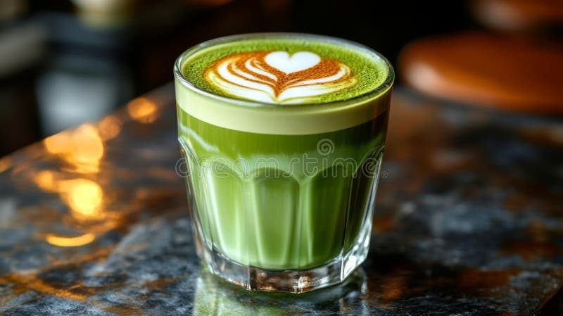 Green Tea Latte with Heart-Shaped Foamed Milk and Cinnamon Stock ...