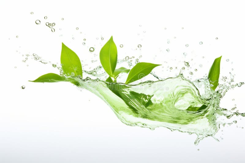 Green Tea with Leaf Splash Effect on Plain White Background, Generated ...