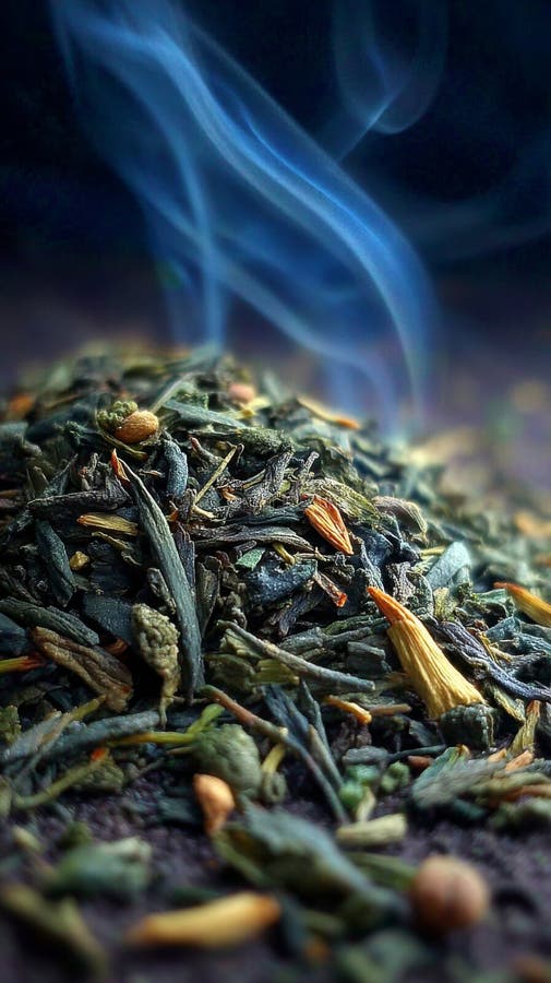Green Tea Leaves with Blue Smoke Close Up Stock Illustration ...