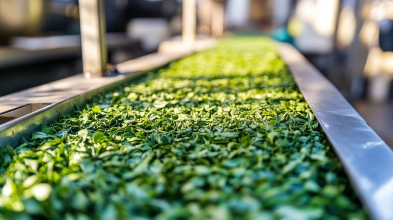 Green Tea Leaves Moving Along a Conveyor Belt in a Processing Plant ...