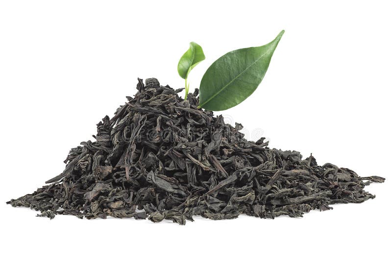 Green Tea Leaves and Pile of Dried Black Tea Isolated on White ...