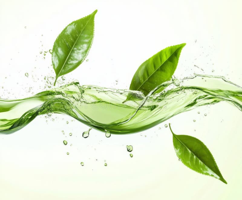 Green Tea Leaves Splashing in Water, Fresh , Herbal Stock Illustration ...