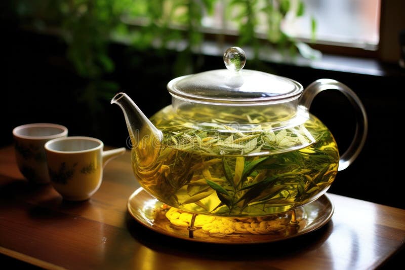 Green Tea Leaves Steeping in a Clear Glass Teapot Stock Image - Image of refreshment, steeping ...