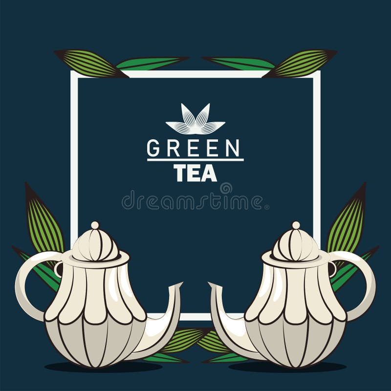 Green Tea Lettering Poster with Teapots in Square Frame Stock Vector ...