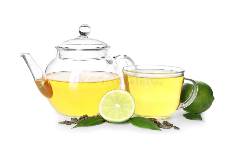 Green Tea with Lime in Glass Cup and Pot on White Background Stock ...