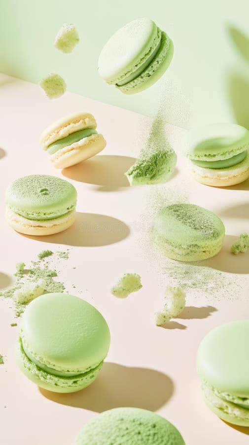 Green Tea Macarons Falling, Shattering, and Scattering Across Soft ...