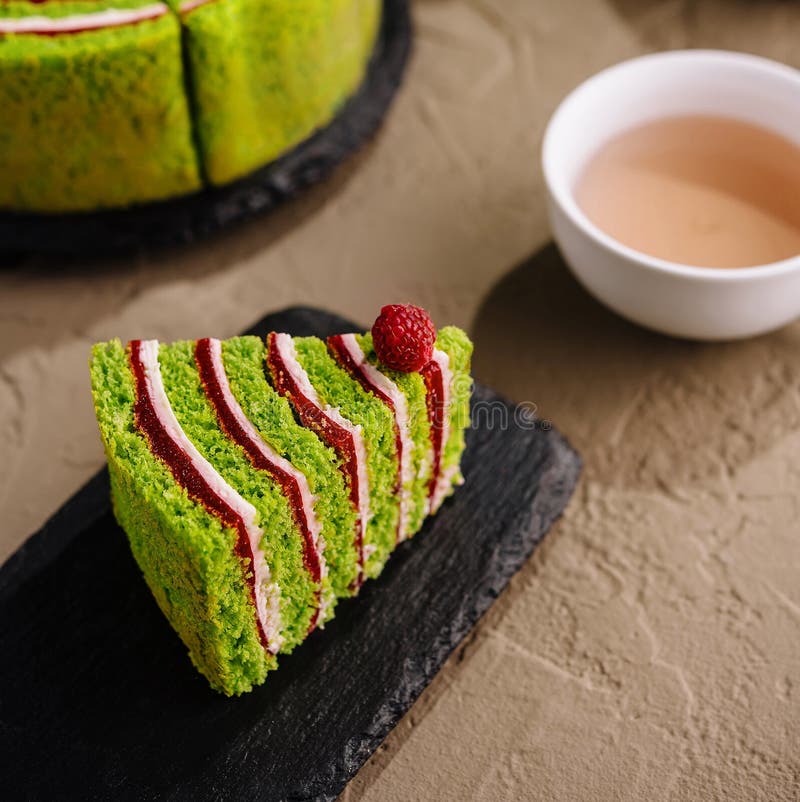 Green Tea Matcha Cake with Fresh Raspberries Stock Photo - Image of ...