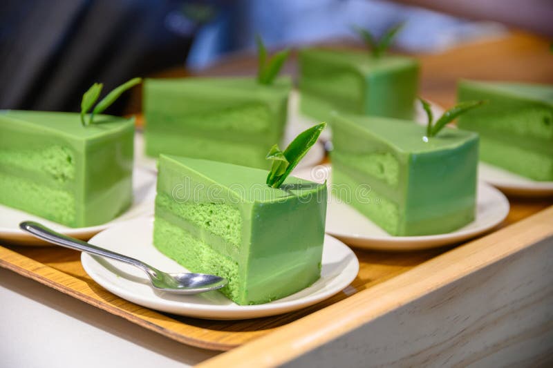Green Tea Matcha Cake Slices with Leaf Stock Photo - Image of leaf ...