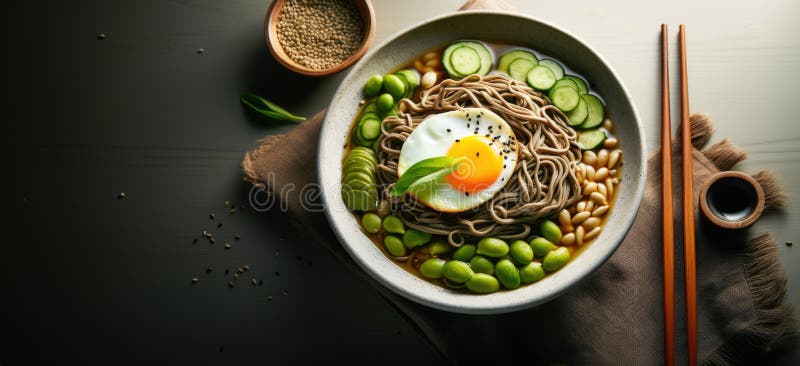 Green Tea Matcha Noodles with Soft-Boiled Egg and Edamame Stock ...