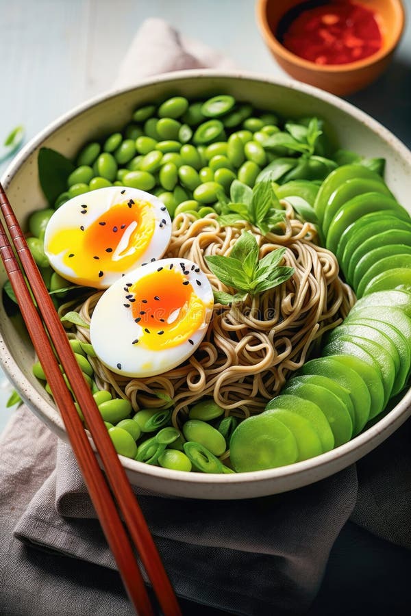 Green Tea Matcha Noodles with Soft-Boiled Egg and Edamame Stock ...
