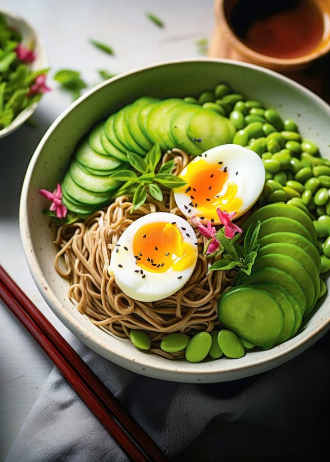 Green Tea Matcha Noodles with Soft-Boiled Egg and Edamame Stock ...