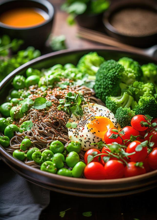 Green Tea Matcha Noodles with Soft-Boiled Egg and Edamame Stock ...