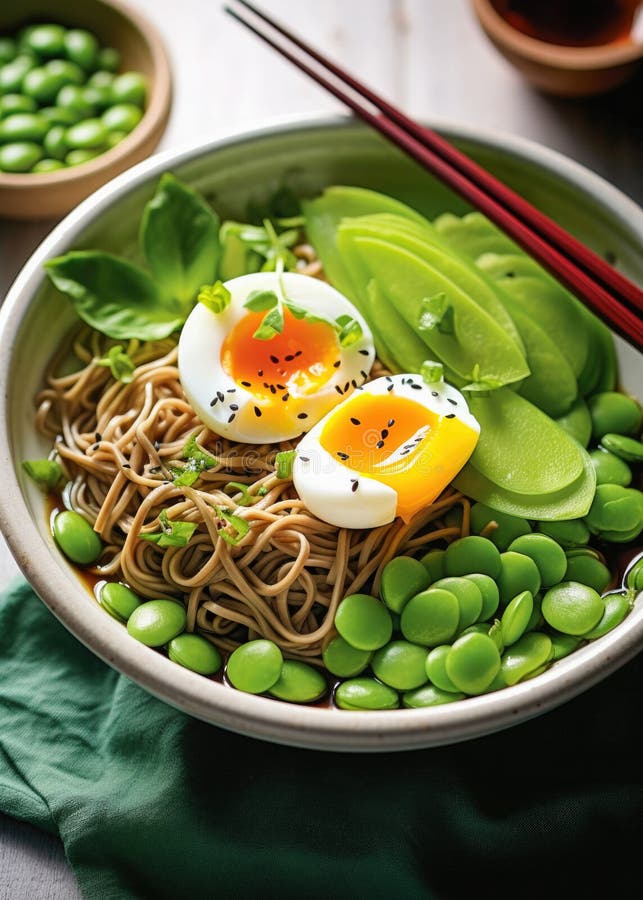 Green Tea Matcha Noodles with Soft-Boiled Egg and Edamame Stock ...