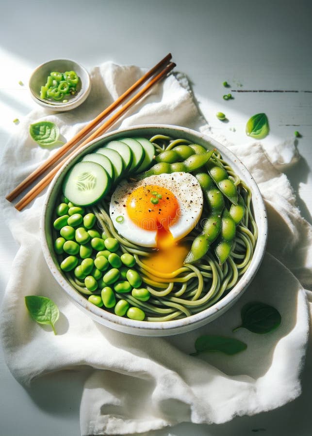 Green Tea Matcha Noodles with Soft-Boiled Egg and Edamame Stock ...