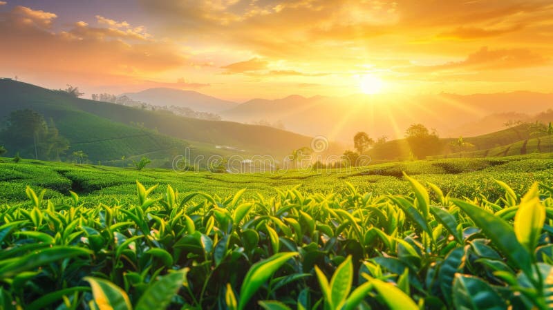 Green Tea Plantation in Mountains at Sunset Stock Illustration ...
