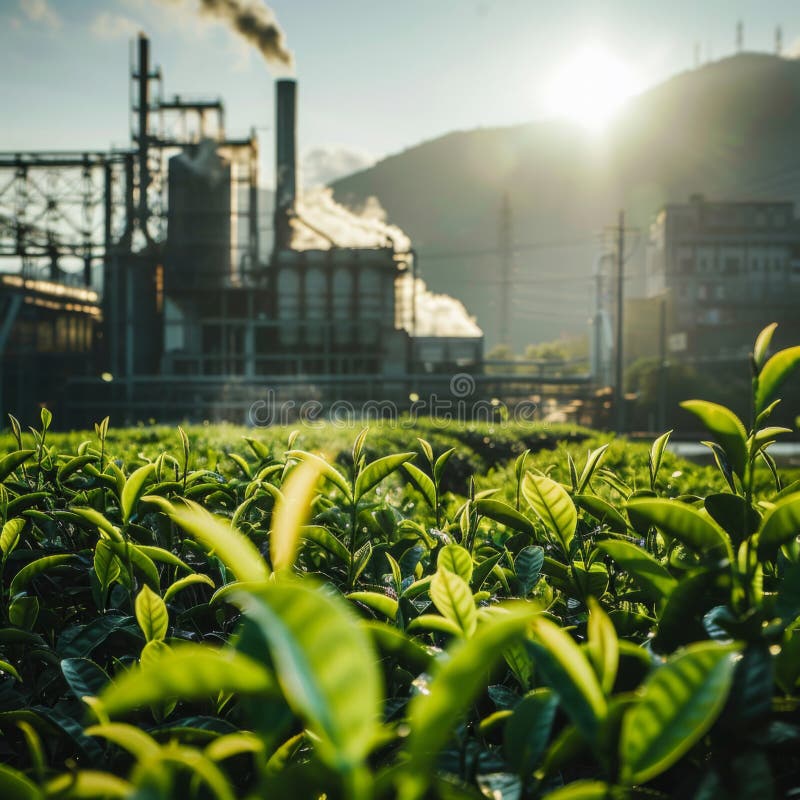 Green Tea Plants Growing in Front of a Factory with Smoke Stack Stock ...
