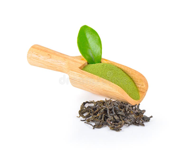 Green Tea Powder and Dried Leaves on White Background Stock Photo ...