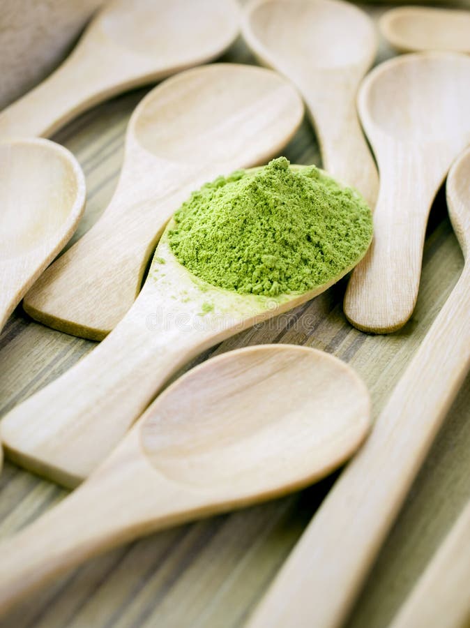 Green Tea Powder on Wooden Spoon Stock Photo - Image of herbs ...