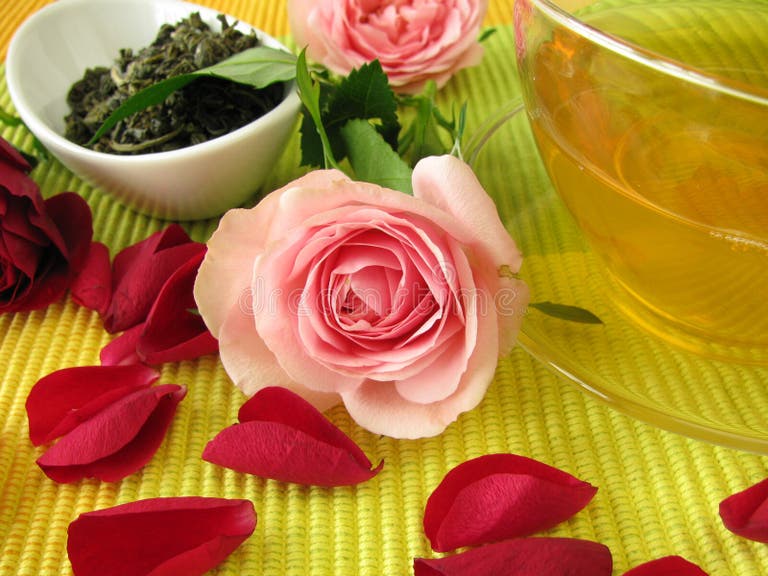 Green Tea with Rose Flowers Stock Image - Image of green, pink: 20977481