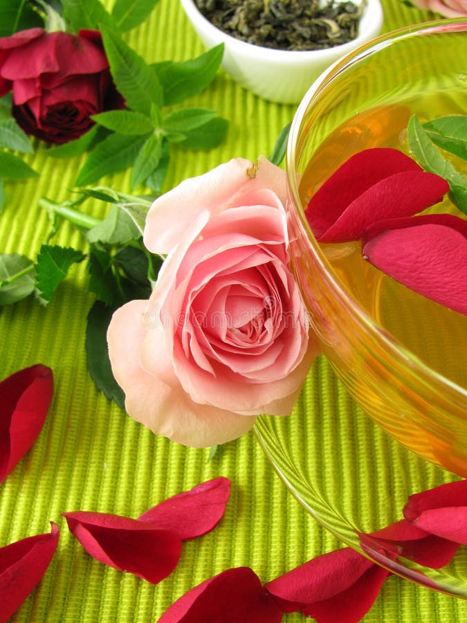 Green Tea with Rose Flowers and Lemon Verbena Stock Image - Image of ...