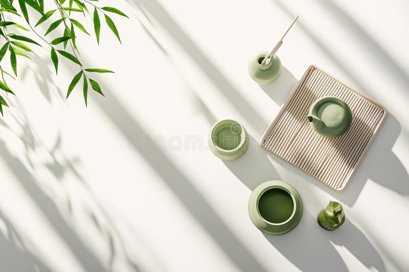 Green Tea Set Casting Shadows on White Surface with Bamboo Plant Stock ...