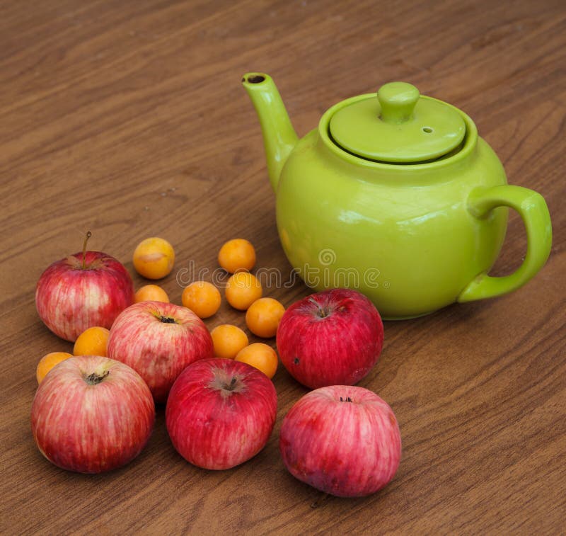 Green Tea on the Table with Apples Stock Photo - Image of apples, life ...