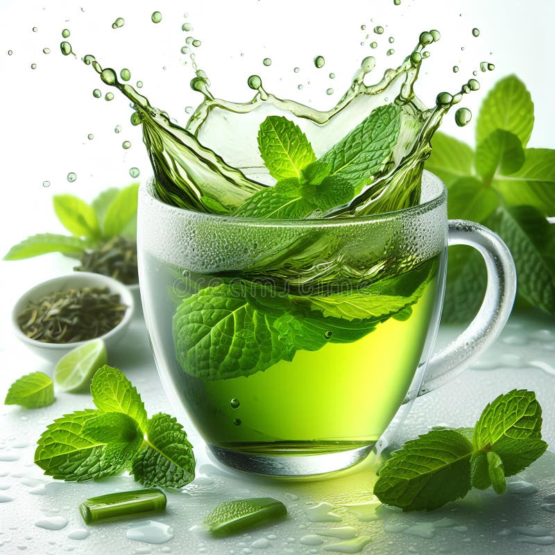 Green Tea Transparent Cup with Mint Tea Splash Isolated on White ...