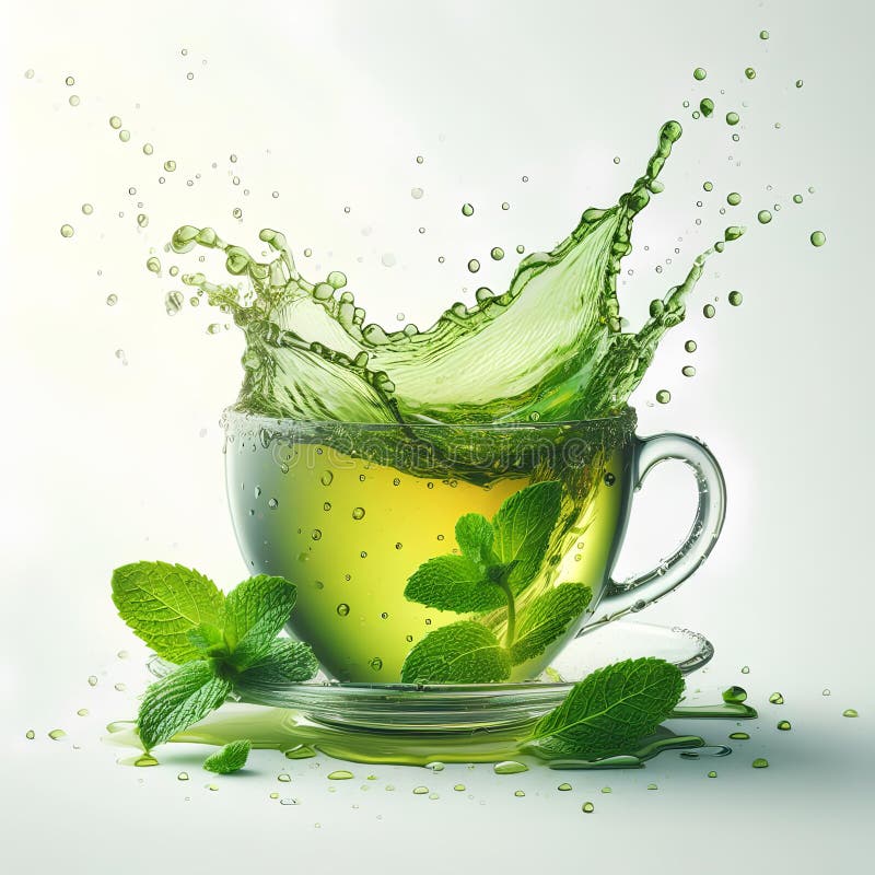 Green Tea Transparent Cup with Mint Tea Splash Isolated on White ...