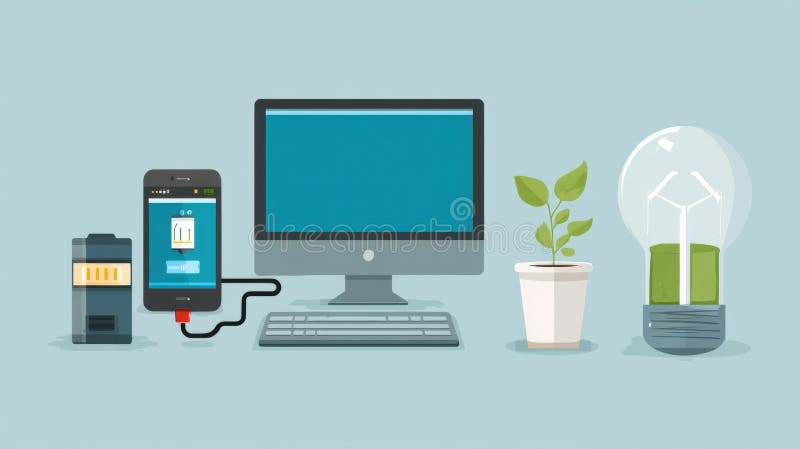 Green Tech Desktop Setup stock illustration. Illustration of plant ...