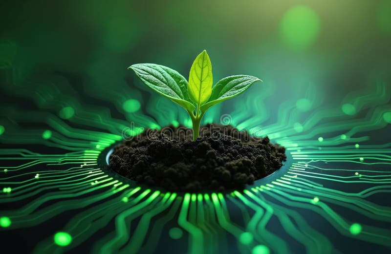 Green Tech Sprout in Soil on Circuit Board. Digital Green Light ...