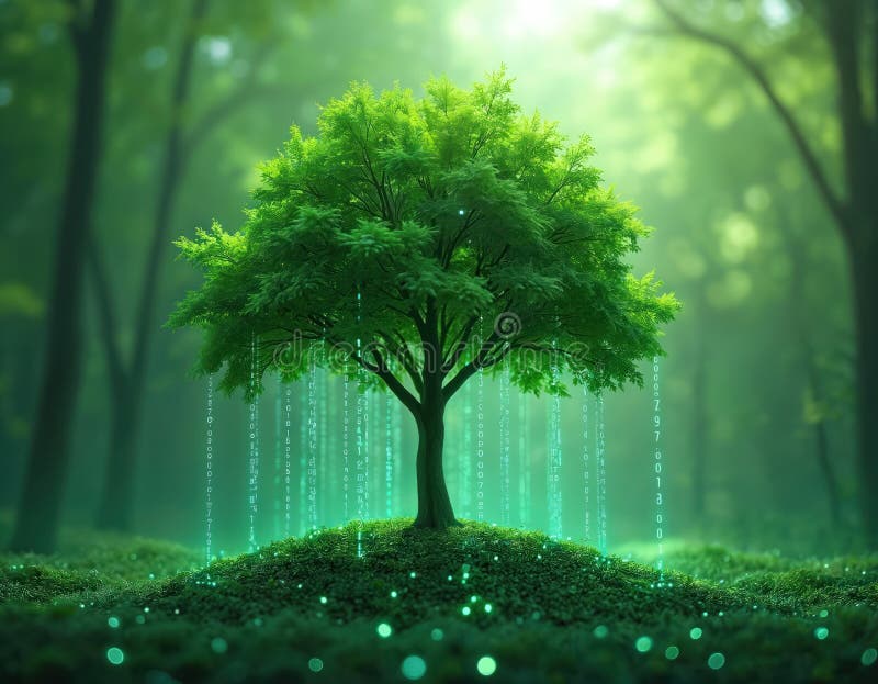 Green Tech Startup Background with Tree Growing from Data Stream ...