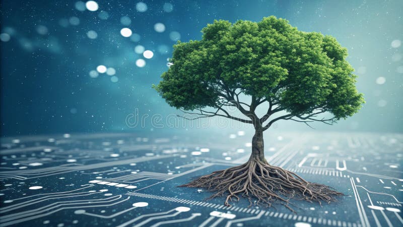 Green Tech Tree Circuit Board Roots, Bokeh Background Stock ...