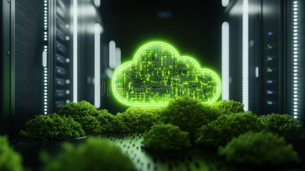 Green Technological Innovation, Futuristic Cloud Computing Concept with Circuitry in a Modern ...