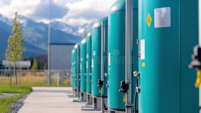 Green Technology Background Design. Green Hydrogen Fuel Tanks Array at ...