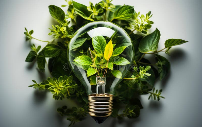 Green Technology Eco-Friendly Lightbulb with Leafy Top View Stock ...