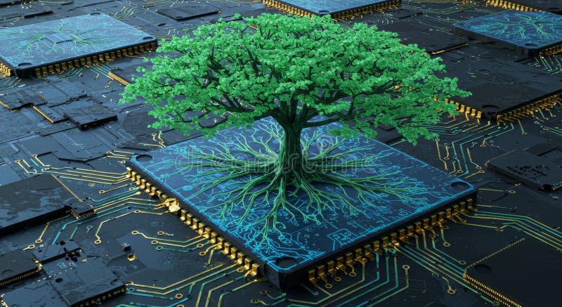 Green Technology Growth Lush Tree Growing from a Microchip Symbolizing ...