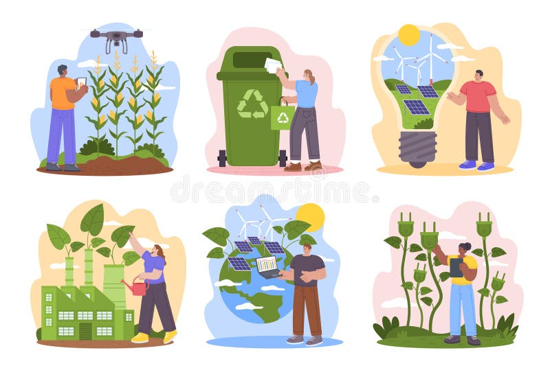 Green Technology Hand-drawn Flat Mini-compositions Set Stock Vector ...