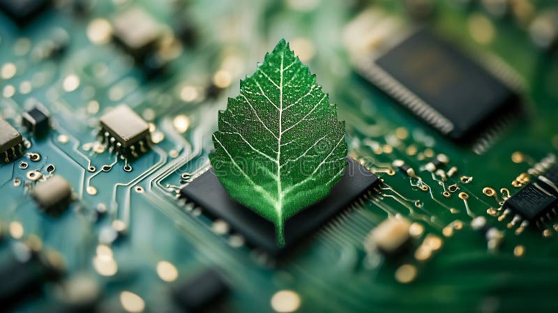 Green Technology a Leaf on a Circuit Board Stock Illustration ...