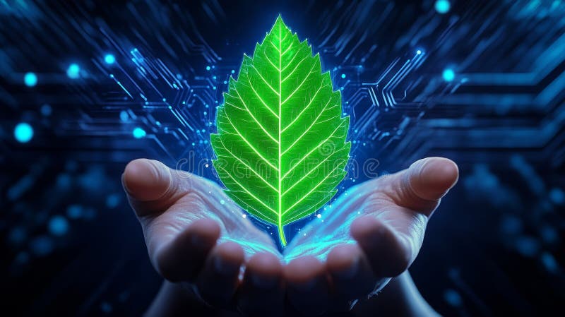 Green Technology Leaf in Hands Glowing Green Leaf Held in Hands ...