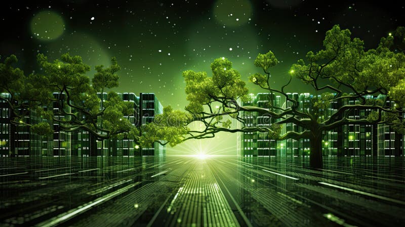 Green Technology-themed Image of a Virtual Server Network, Organic Data ...