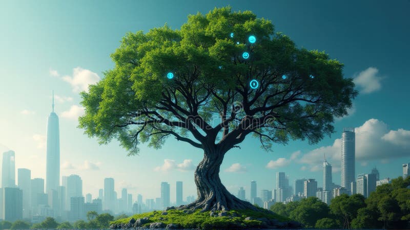 Green Technology Tree in the City. Stock Illustration - Illustration of ...