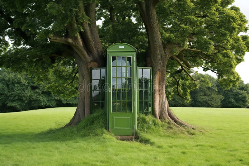 Green Telephone Booth in a Big Tree in the Park Stock Illustration ...