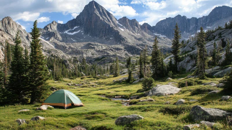 Green Tent in Mountain Valley Landscape Stock Illustration ...
