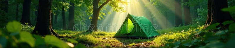 Green Tent Nestled in Sun Dappled Forest Clearing, Canopy, Forest Stock ...