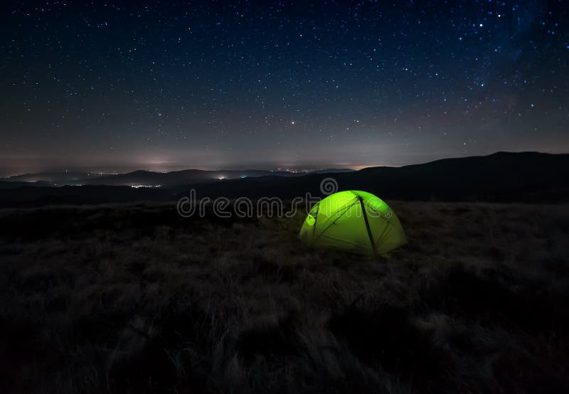 Green Tent on Night Landscape Stock Image - Image of astronomy ...